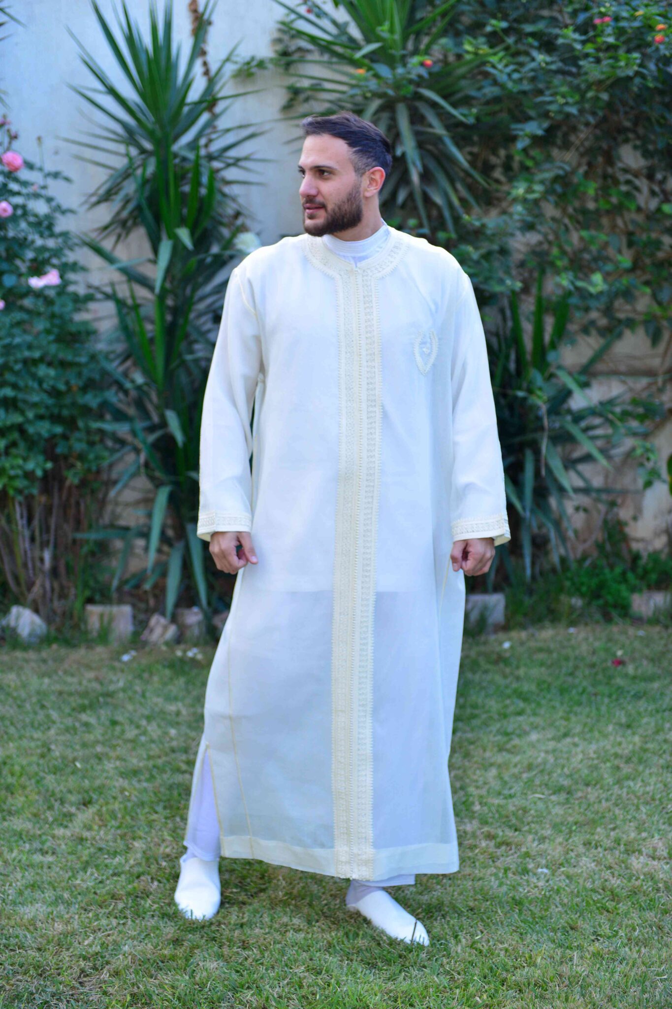 Caftan pour hommes en chaara houra blanc cassé - Univers tradition